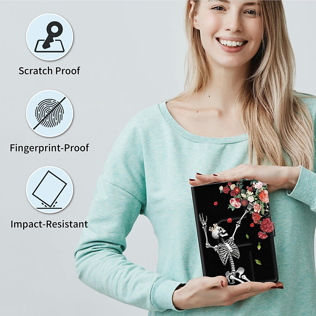 HEAKIERG Universal Tablet Case for New Kobo Libra 2 7" 2021 & 6" Kobo Clara 2E 2022, Lightweight Flip Stand and Adjustable Protective Cover Case for 6"-7" Tablet, Skull Rose