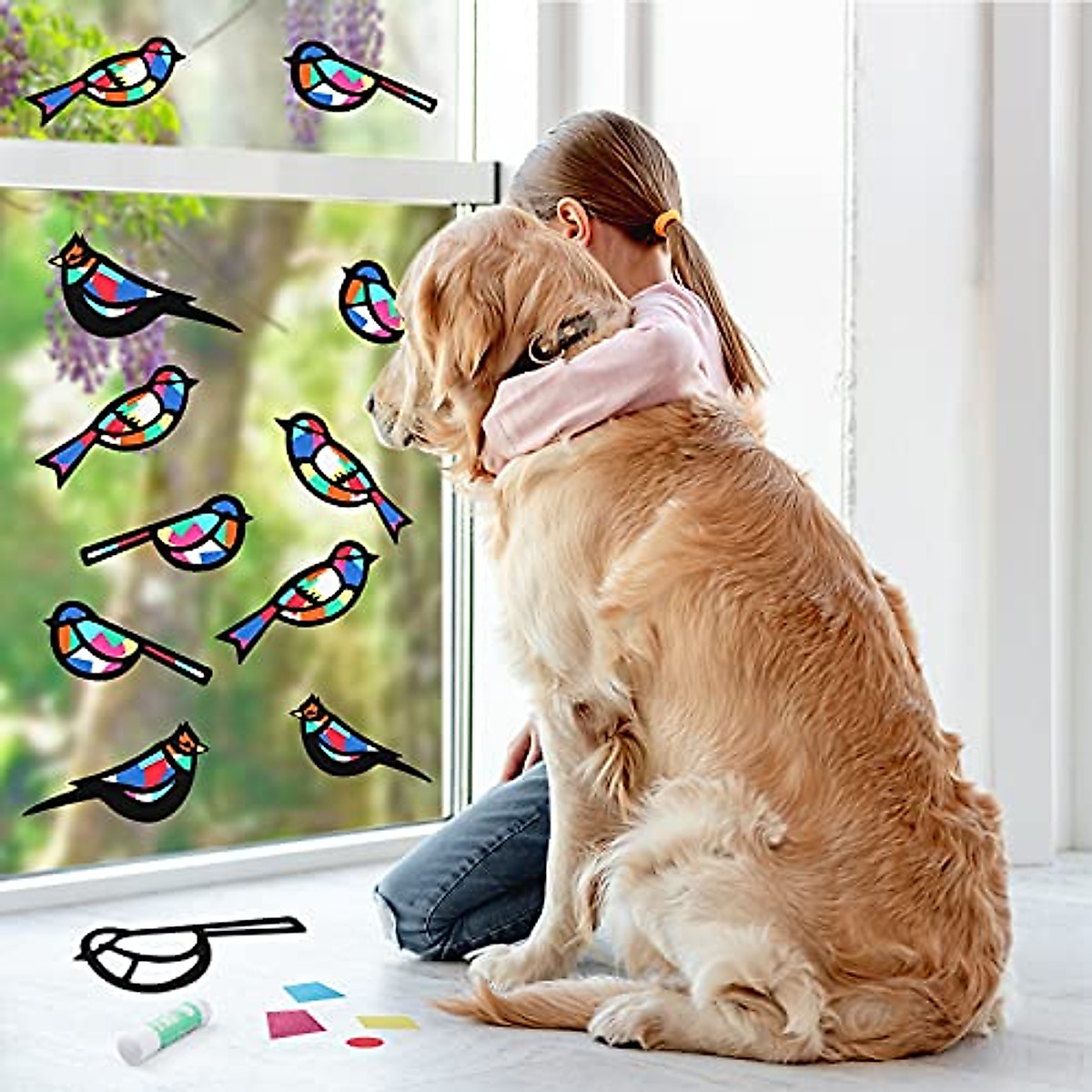 9 Pieces Birds Suncatcher Kit for Kids, DIY Stain Glass Kits Effect Paper Crafts (9 Cutouts, 16 Tissue Papers) for Kids Window Art Classroom Art Crafts Birthday Gift Toys Party Favors 6 x 2 inch