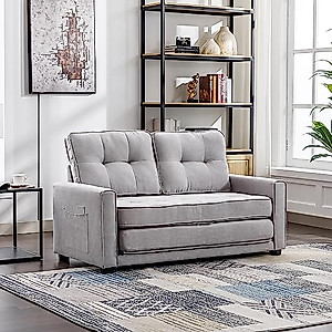 3 Fold Upholstered Futon Sofa Convertible Floor Sofabed ,Foldable Tufted Loveseat with Pull Out Sleeper Couch Bed, Space Saving Love Seat Daybed W/Side Pockets for Apartment Office Home Living Room