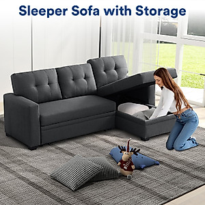 Rovibek VLAHX 4-in-1 Convertible L Shaped Couch with Pull Out Bed and Storage, Sectional Sleeper Sofa with Reversible Chaise for Living Room, Apartment, Bedroom, Office