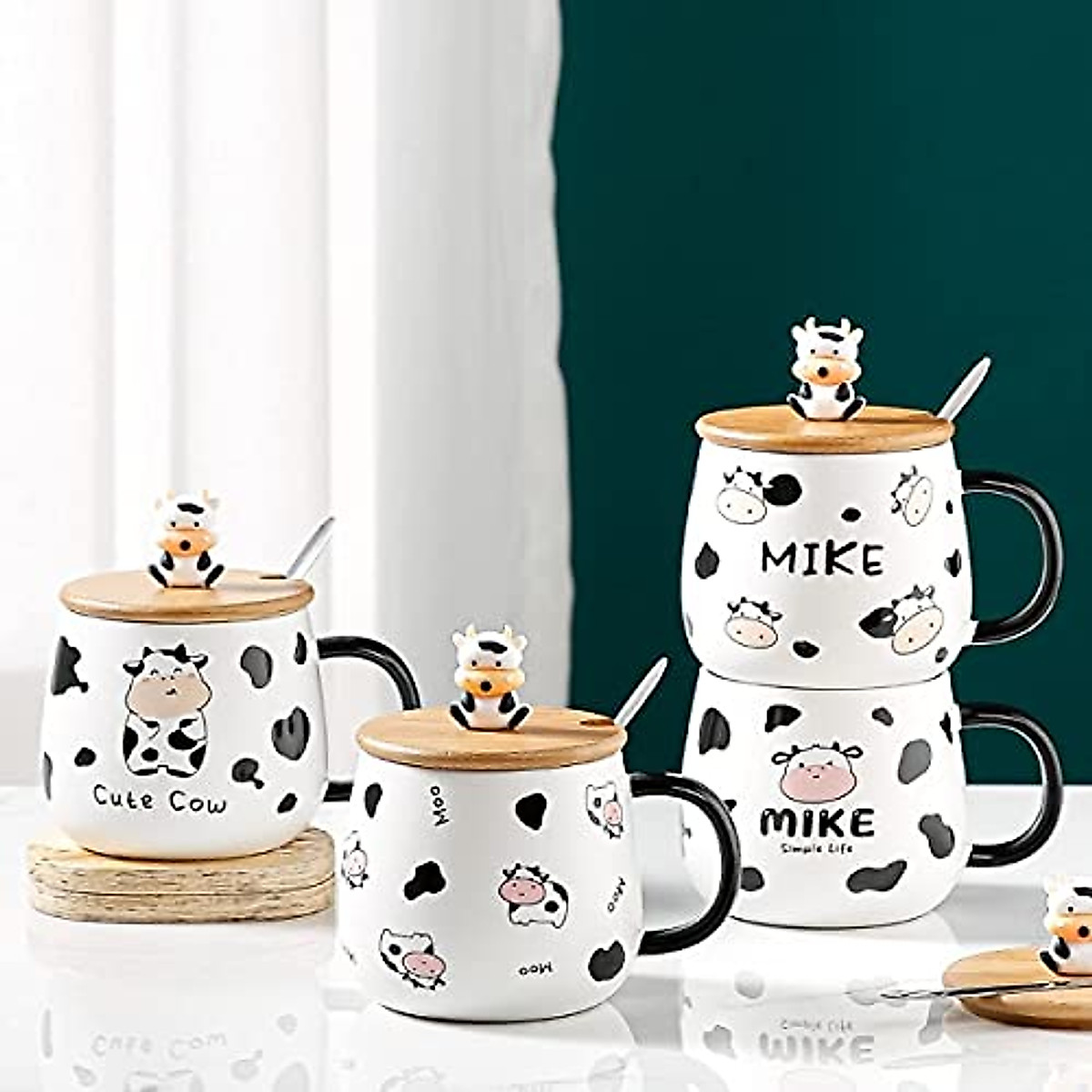 Arawat Cute Cow Coffe Mug with Lid and Spoon Cow Print Stuff Gifts 400ml Ceramic Tea Coffee Cup Kawaii Cow Mugs Funny 3D Animal Cow Mug Birthday Gifts for Women Girls Cow Lovers