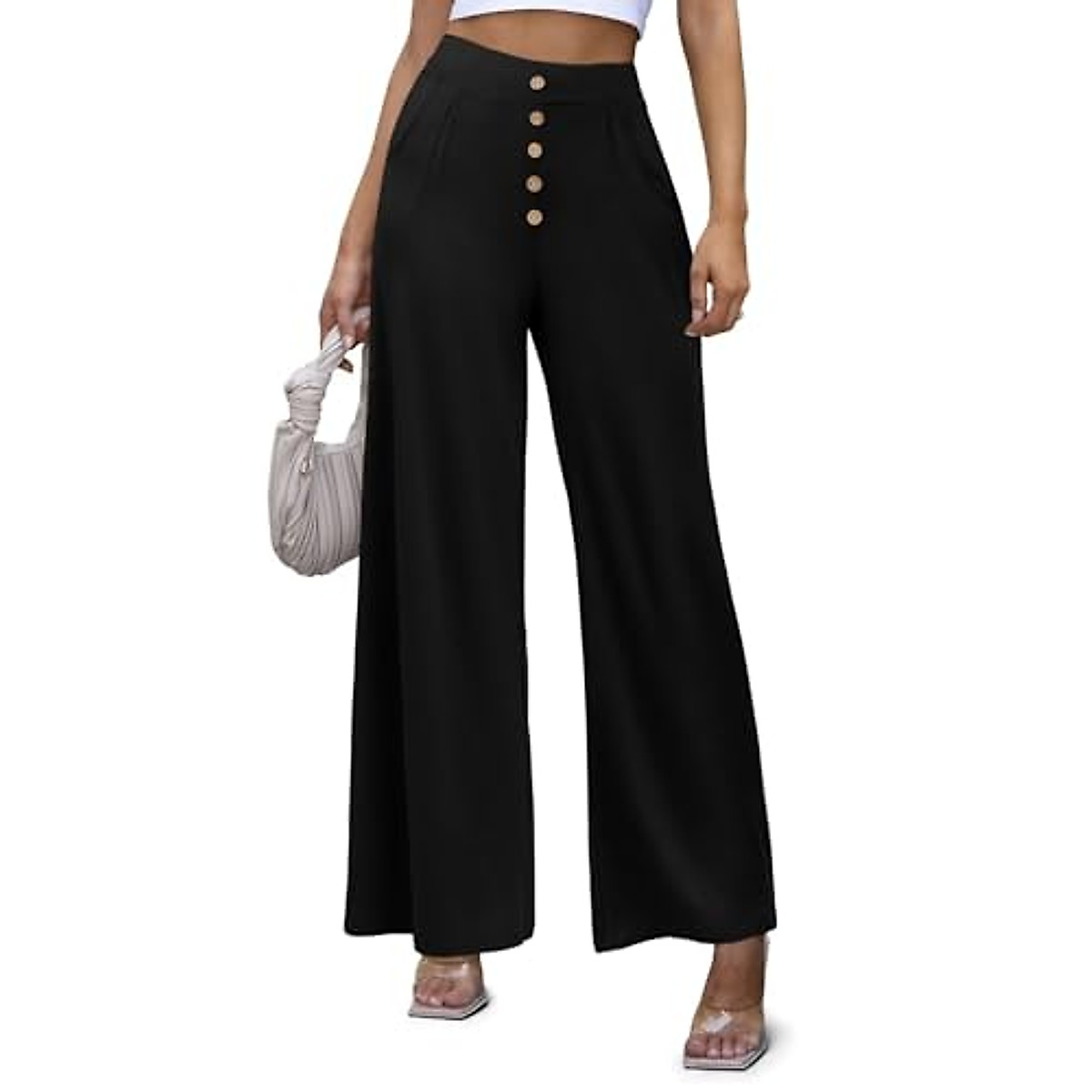 JZC Women's Flowy Pants Casual Palazzo Pants Print High Waist Button Wide Leg Palazzo Lounge Pants Black 3XL
