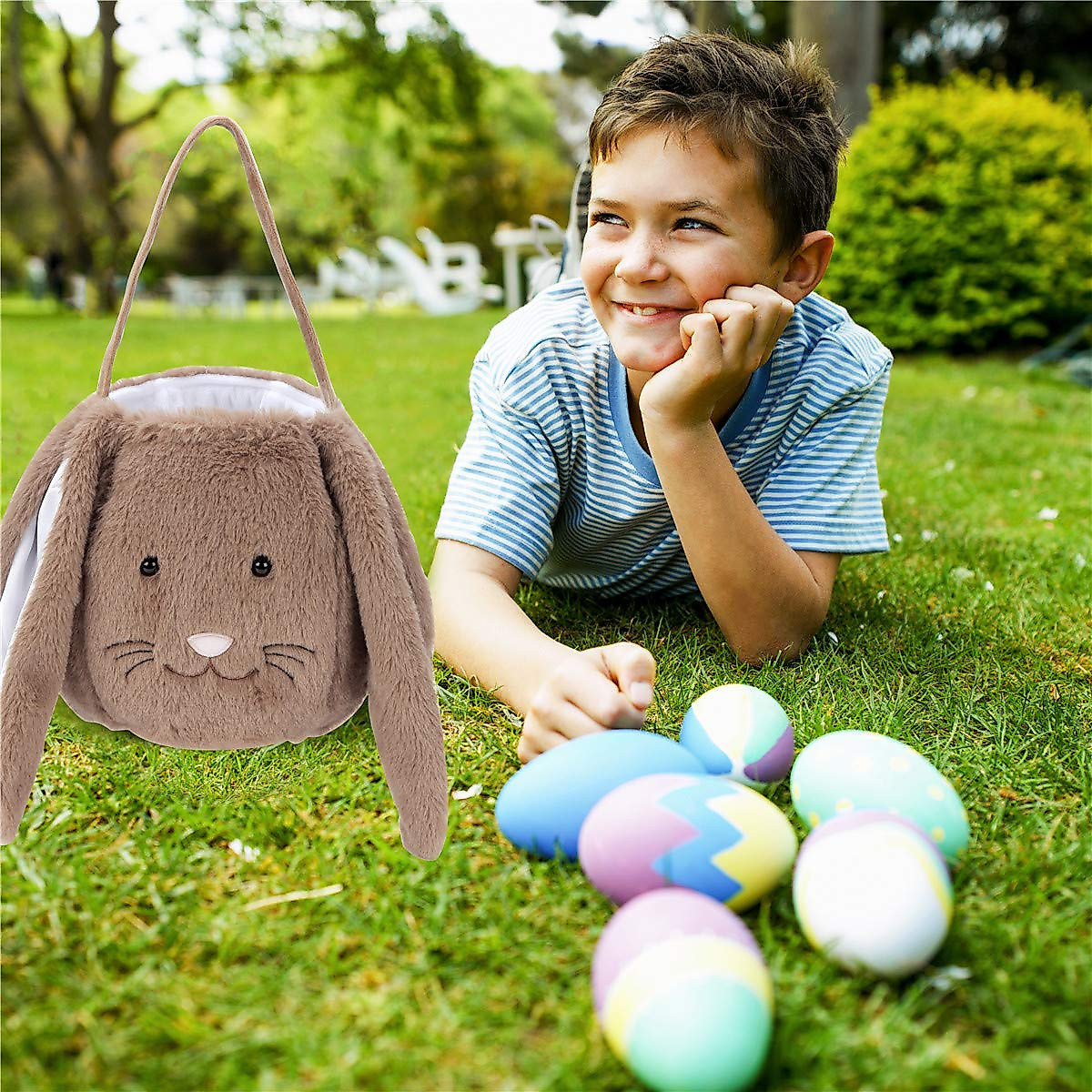 Plush Easter Bunny Basket for Kids Boys Girls Easter Buckets with Long Plush Ear Personalized Egg Hunting Bags,Bunny Kids Easter Tote Bags for Easter Decorations Candy…
