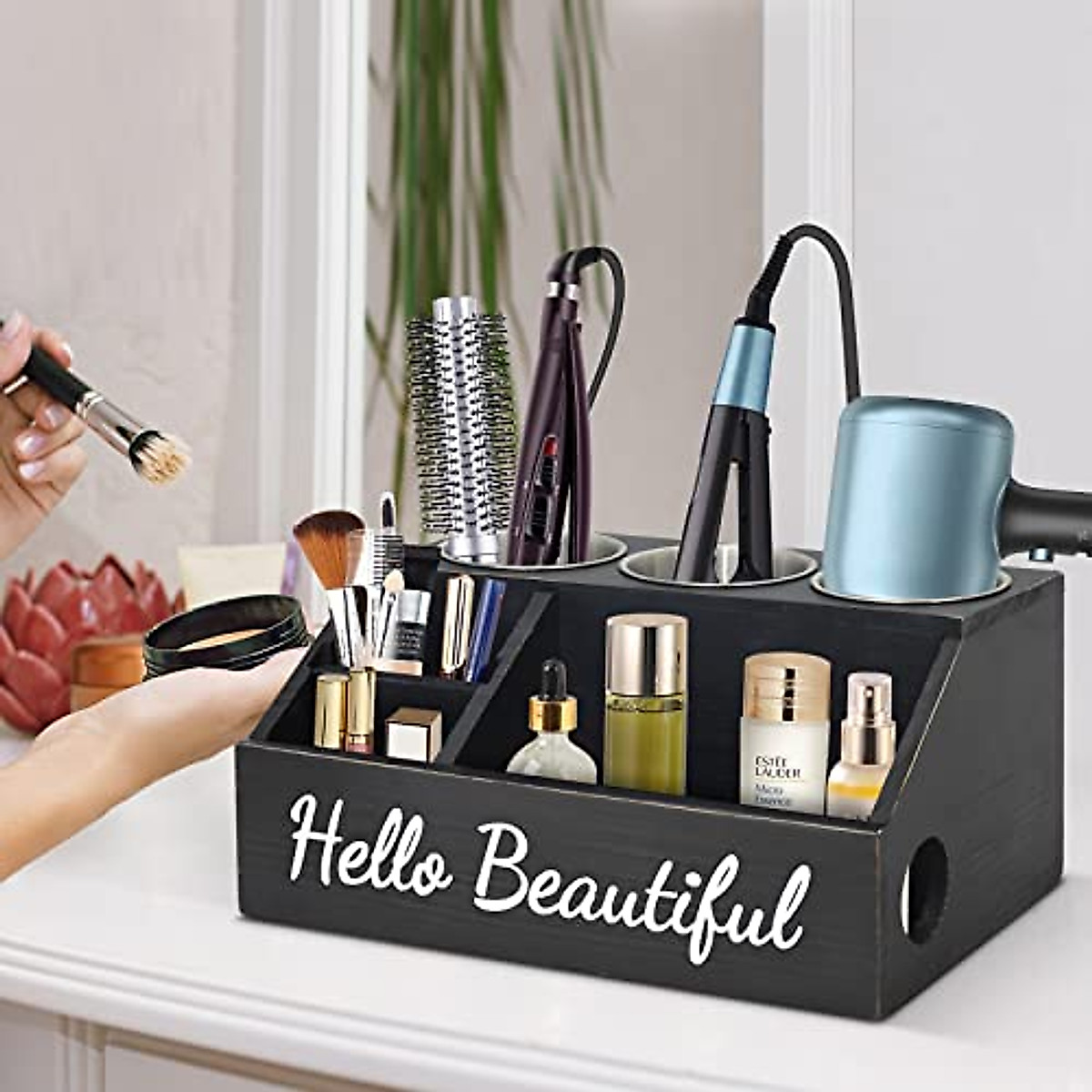 Wooden Black Hair Tools Organizer, Rustic Hair Dryer Holder, Bathroom Supplies Countertop Storage Stand and Vanity Caddy for Blow Dryer Curling Iron Hair Straightener Brushes Hair Styling Accessories