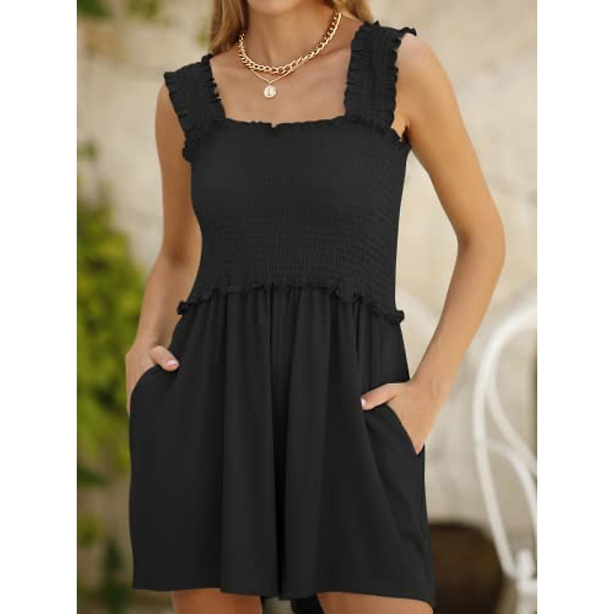 DEEP SELF Romper for Women, Wide Leg Summer One-Piece Shorts Jumpsuit with Straps and Pockets (Large, 1-Black)