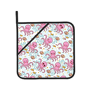 Cute Octopus Oven Mitts and Pot Holders Sets of 4 Heat Resistant Cooking Gloves and Potholders Non-Slip Kitchen Mittens Hot Pads with Hanging Loop for Kitchen Baking BBQ Grilling Picnic