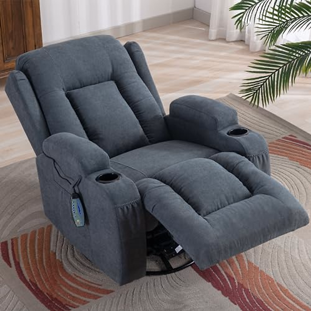 OBBOLLY Swivel Rocker Recliner Chair with Massage, Manual Glider Rocking Recliner Chair, Wingback Design 360° Swivel Chair with Lumbar Pillow, Cup Holders for Living Room (Set of 2, Blue Grey-Linen)