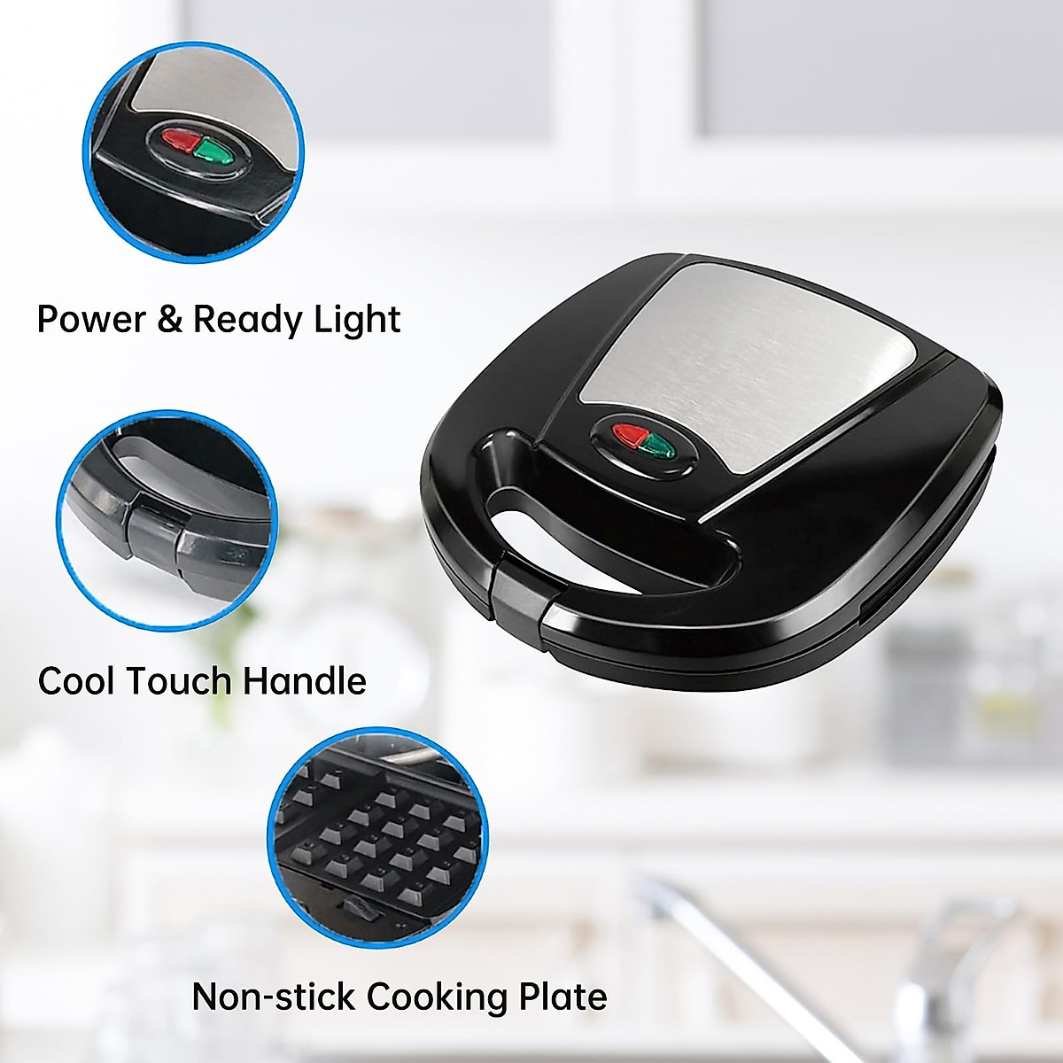 Waffle Maker 4 in 1, Mini Waffle Maker with Removable Plate, Waffle Iron Waffle Machine, Non-stick Coating 750W Double-Sided Heating, LED Indicator Lights, Cool Touch Handle, Easy to Use & Clean