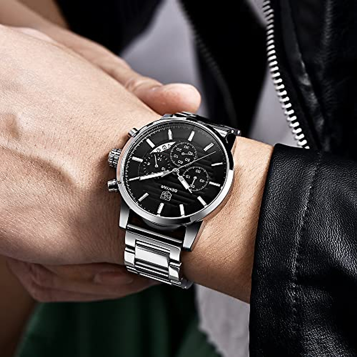 BY BENYAR Men's Watches,Stainless Steel Waterproof Watch for Men，Sport Military Multifunction Chronograph Quartz Wristwatches, Calendar with Leather Strap（Steel Black