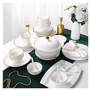 Porcelain Plate and Bowl Set,Dinnerware Set for Home or Special Restaurant, Ceramics Dinnerware Set, Bowl/Dish/Soup Pot/Spoon|Bone China Dinner Sets, White Embossed Gold Pattern Porcelain Combination