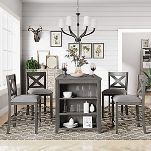 Bellemave Counter Height Dining Table Set for 4 5 Piece Bar Height Farmhouse Table and Chairs with Storage Shelf Dinning Room Small Breakfast Table Set Pub Table and Chairs Set of 4, Gray