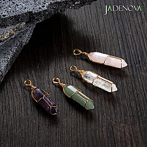 JADENOVA Full Wire Wrapped Energy Healing Crystal Gemstone Pendant Necklace 18 Inches Stainless Steel Chain（Natural Clear White Quartz）