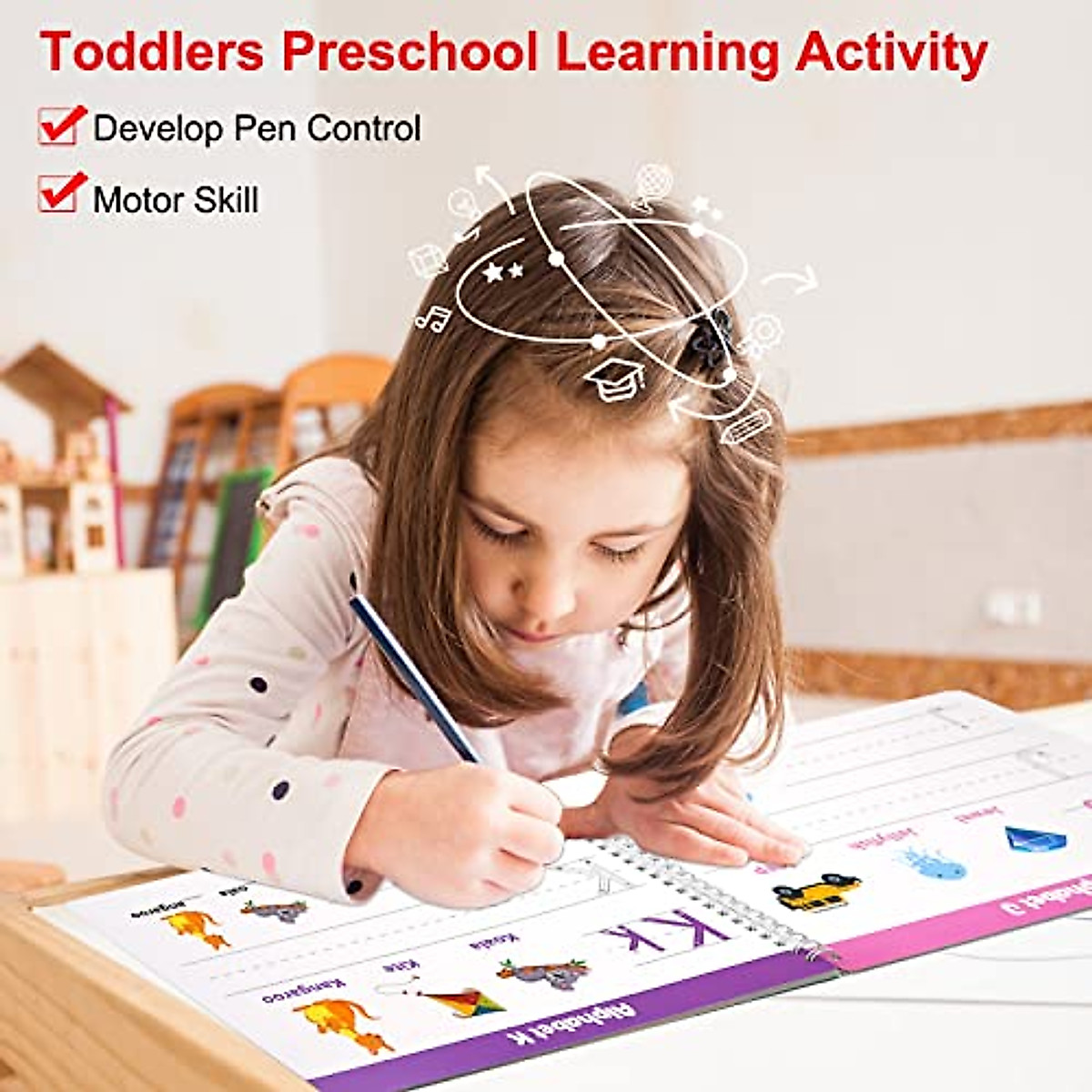 Handwriting Practice Book for kids, 40 Pages Toddlers Preschool Learning Activity Autism Educational Montessori Toys Learn Number Letters Shapes Animal & Sight Words Workbook with 8 Dry Erase Markers