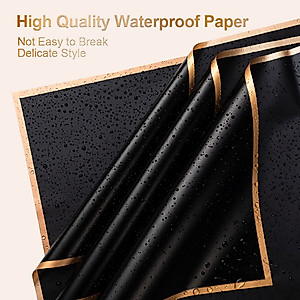 120 Pcs Gold Edge Flower Wrapping Paper, Pure Color Translucent Waterproof Bouquet Wrapping Paper Florist Paper for Bouquets Gift Wedding DIY Crafts Packaging(Black)
