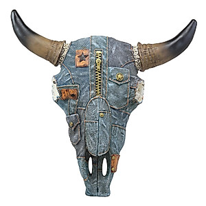 Ebros 13" Wide Western Southwest Steer Bison Buffalo Bull Cow Horned Skull Head In Cowboy Blue Denim Jeans Design Wall Mount Decor Native Indian Sacred Animal Totem Bust Skulls