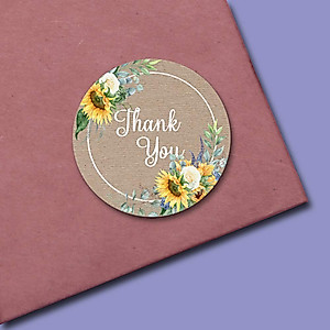 Beautiful Floral Sunflower On Kraft Thank You Customer Appreciation Sticker Labels for Small Businesses, 60 1.5" Circle Stickers by AmandaCreation, Great for Envelopes, Postcards, Direct Mail, & More!