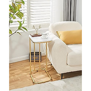 KJGKK C Shaped End Table, 26.6 inches High Side Table for Couch Sofa Bed, Small Tv Tray, for Living Room, Bedroom, Metal Frame, Gold & White