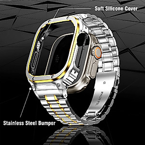 HASLFM Stainless Steel Watch Band with Case Compatible with Apple Watch Ultra/Ultra 2(49mm),Metal Strap and Rugged Protective Cover for iWatch Bands Cases Men, Silver/Gold