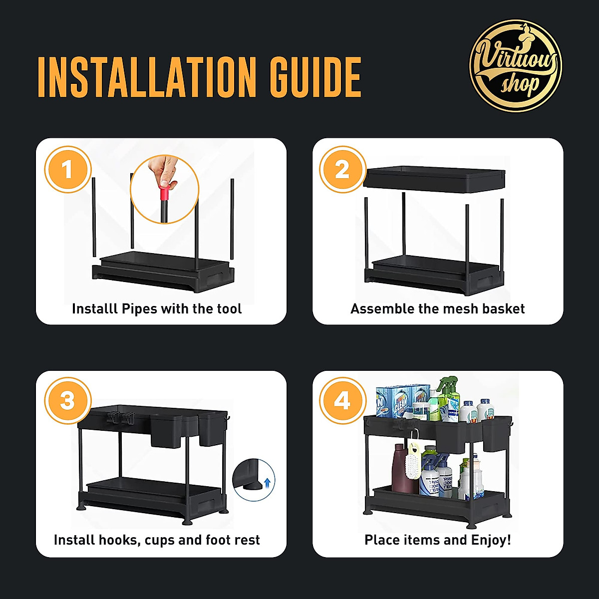 Under Sink Bathroom and Kitchen Cabinet Organizer, Countertop organizer, 2-Tier Sliding Large Capacity Storage Drawer With Hooks, Bathroom And Kitchen Organization And Storage, Multipurpose organizer