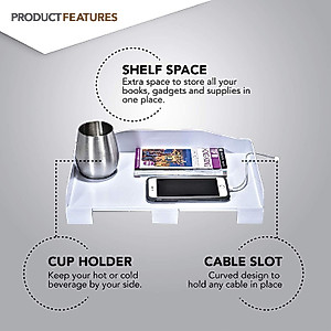 Modern Innovations Bedside Shelf for Bed, College Dorm Room, Bunk Bed Shelf/Caddy for Top Bunk, Clip On Nightstand Tray with Cord and Cup Holder for Table Storage (White)