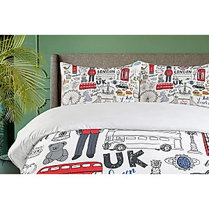 Ambesonne Hipster Duvet Cover Set, I Love London Double Decker Bus Telephone Booth Cab Crown of United Kingdom Big Ben, Decorative 3 Piece Bedding Set with 2 Pillow Shams, Queen Size, White Red