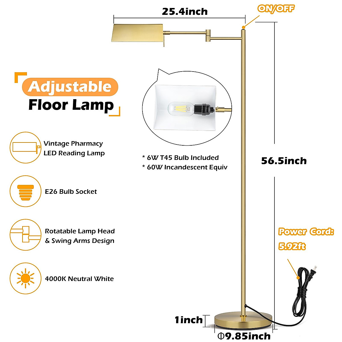Mlambert Reading Floor Lamp,LED Pharmacy Lamp with Swing Arm,Swivel Head Adjustable Standing Lamp,E26 Base,Corner Lamp for Livingroom,Sewing(Brass)
