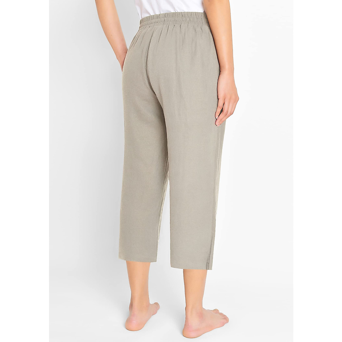 Weintee Women's Linen Crop Pants Capris with Pockets 2X Dark Khaki