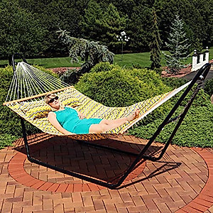 Sunnydaze 2-Person Quilted Printed Fabric Spreader Bar Hammock and Pillow - Large Modern Hammock with Metal S Hooks and Hanging Chains - Heavy Duty 450-Pound Weight Capacity - Yellow and Gray Chevron