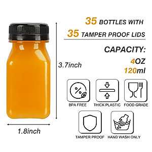 TOMNK 4oz Plastic Juice Bottles, 35pcs Shot Bottles with Caps, Reusable Clear Bottles with Label, Funnel and Brush Beverage Containers Bulk with Lids for Juicing, Smoothies, Drinking