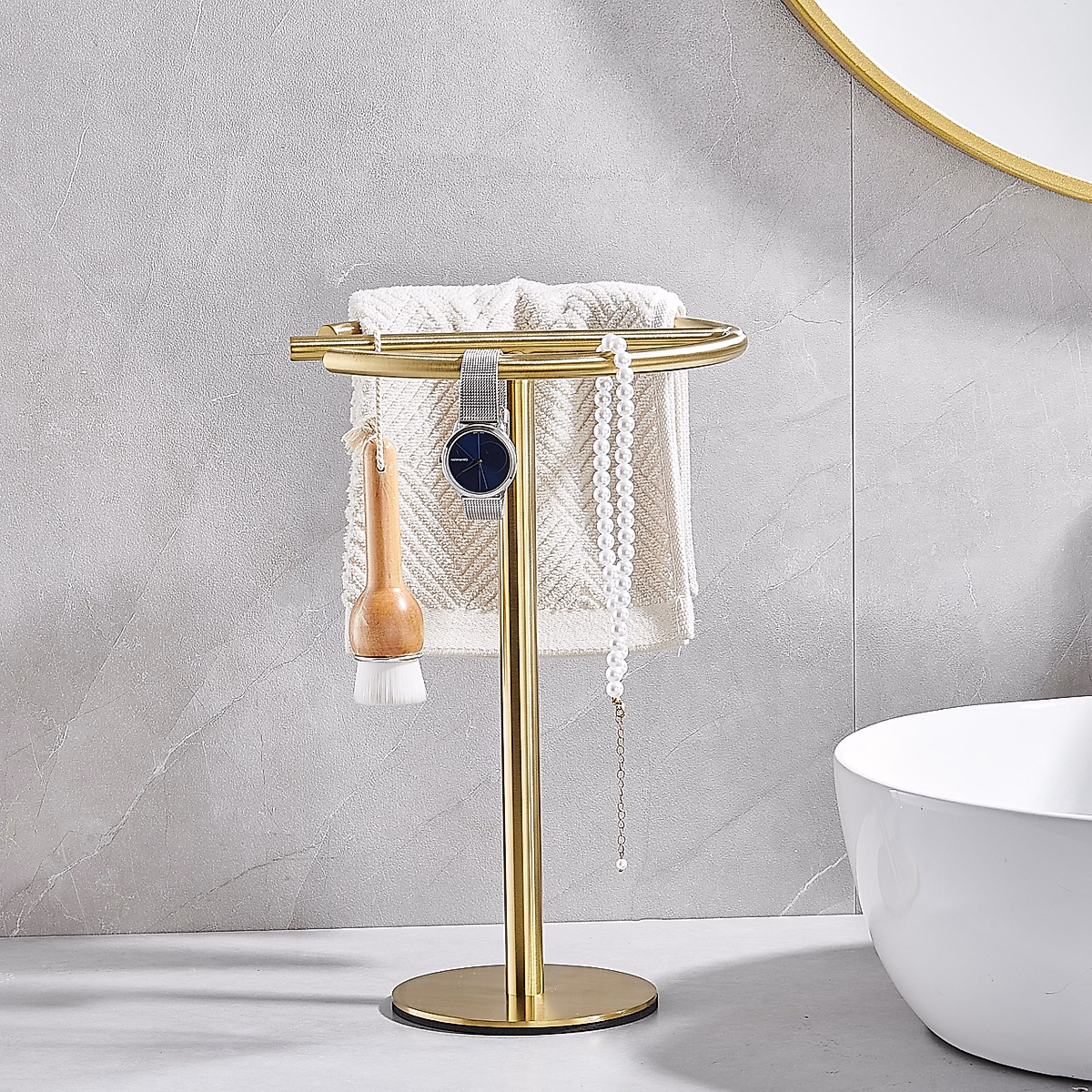 Hand Towel Holder Stand, Free-Standing Towel Rack Brushed Gold, SUS304 Stainless Steel Towel Bar Rack Stand, Tower Bar for Bathroom Kitchen Vanity Countertop