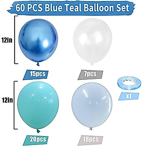 Teal Blue Balloons, 60 PCS Turquoise Blue Balloons with Transparent Balloon Metallic Blue Balloons, Pastel Baby Blue Balloons Pearl Teal Balloons for Ocean Shark Sea Mermaid Theme Party Decorations