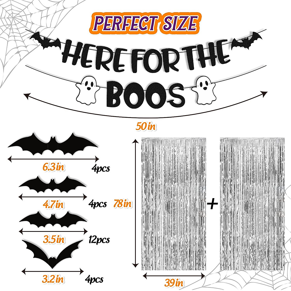 Here for The Boos Party Decorations Halloween Banner Bat Wall Decor Silver Foil Curtains Backdrop Haunted House Horror Theme for Boy Girl Kids Halloween Festival Holiday Black Glitter Party Supplies