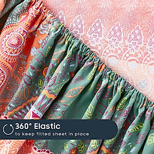 Wake In Cloud - Boho Bed Sheets, 4-Piece Sheet Set, Bohemian Chic Mandala Medallion Colorful Hippie Aesthetic Bedding, Deep Pocket, Orange Green, Twin Size