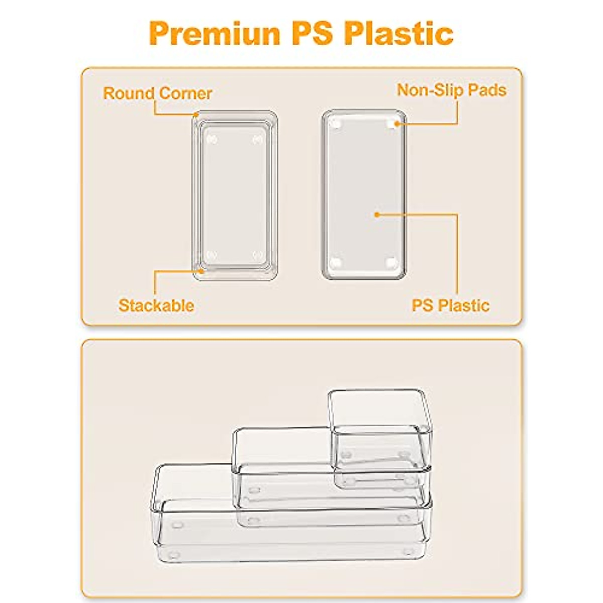 SMARTAKE 29-Piece Drawer Organizer with Non-Slip Silicone Pads, 4-Size Desk Drawer Organizer Trays Storage Tray for Makeup, Jewelries, Utensils in Bedroom Dresser, Office and Kitchen (Clear)