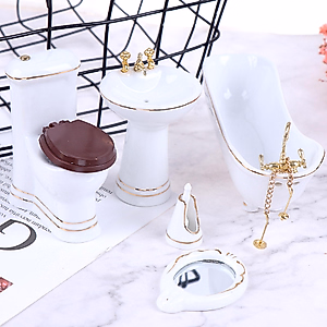 1:12 Dollhouse Miniature Porcelain Bathroom Set 5 PCS White Ceramic Toilet Basin Bathtub Mirror Miniature Furniture Doll Accessories for Bathroom Cake Topper Toy Fairy House Furniture Miniature Toys