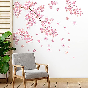 RW-045 Giant Pink Peach Blossom Wall Decals Plum Flowers Tree Branches Wall Stickers DIY Removable Cherry Floral Trees Petals Wall Decor for Kids Girls Bedroom Living Room Nursery Office Decoration