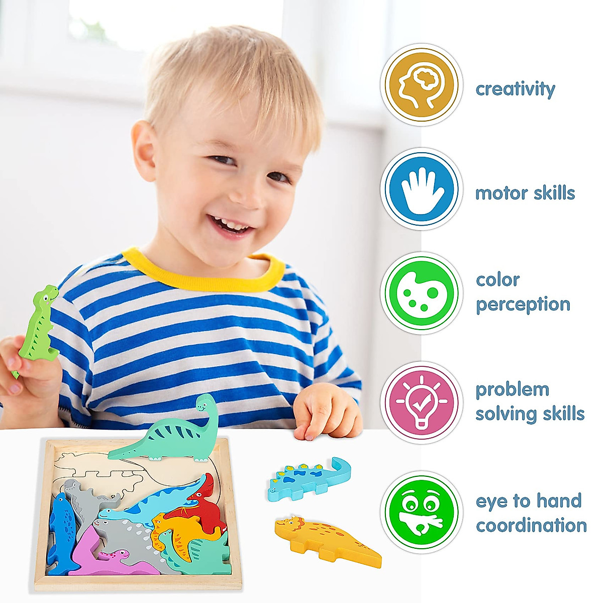 Wooden Dinosaur Puzzles for Toddlers 2-4, Stacking Dinosaur Blocks Toys for Kids 3-5, Toddler Montessori Toys for 2 3 4 Year Old Boy Girl Birthday Gifts