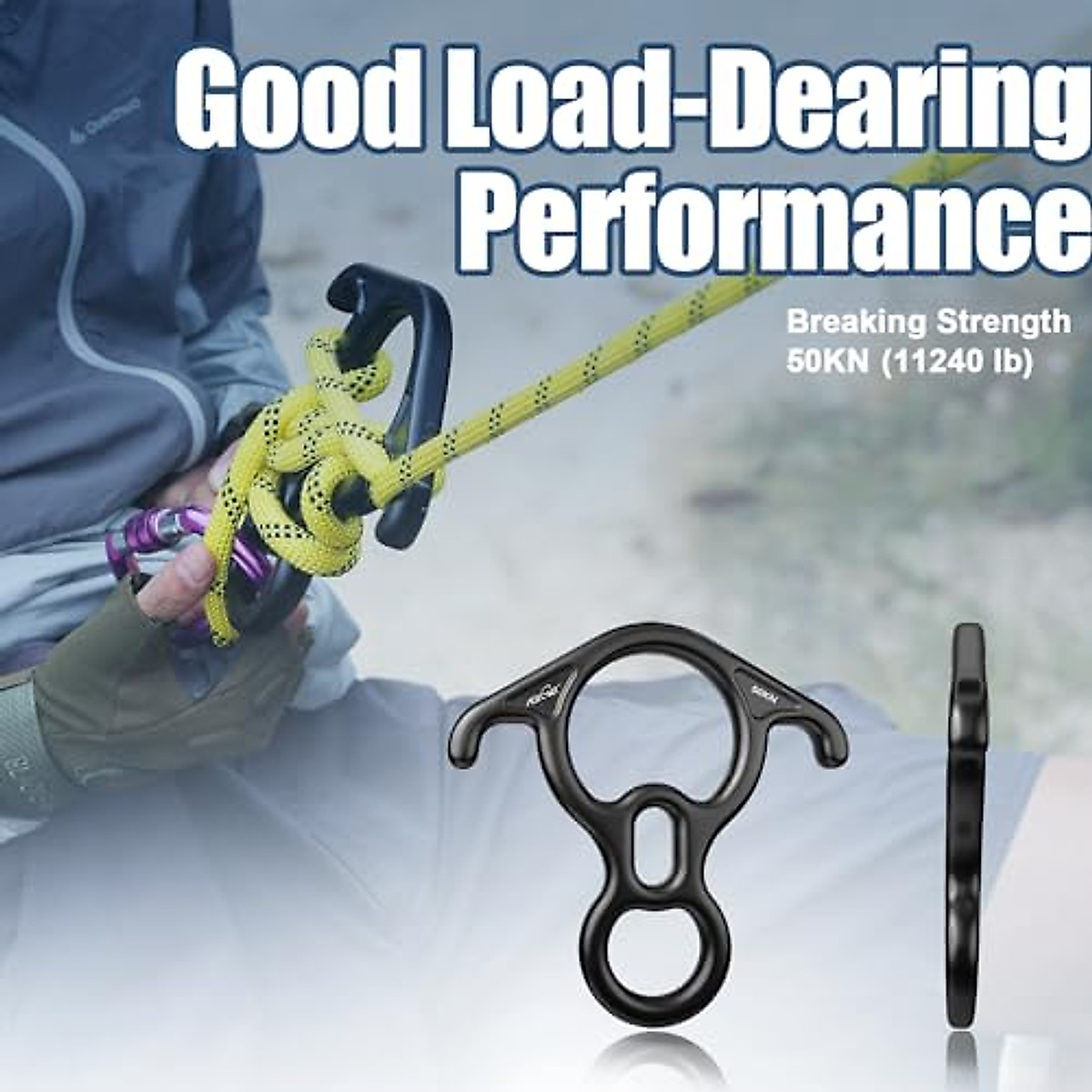 50KN Rescue Figure, 8 Descender Large Bent-Ear Belaying and Rappelling Gear Belay Device Climbing for Rock Climbing Peak Rescue 7075 Aluminum Alloy (Black)