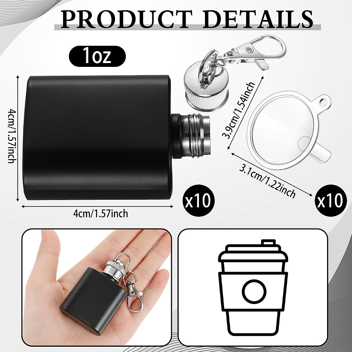 Bokon 10 Pcs Mini Keychain Flask Bulk 1oz Stainless Steel Hip Jar Pocket Hidden Flask for Liquor Men Women Groomsmen Gifts with 10 Plastic Funnels(Black)