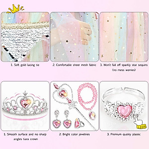 Fedio Princess Cape Set 7 Pieces Girls Princess Cloak with Tiara Crown, Wand for Little Girls Dress up (Rainbow)