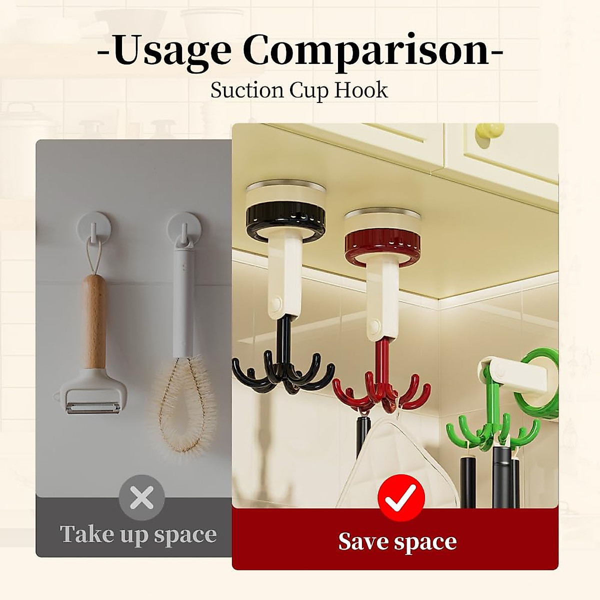 360 Degrees Rotating Folding Hook, 2024 New Suction Cup Hooks Under Cabinet Kitchen Hooks for Hanging Utensils, Utensil Rack Holder with 6 Hooks for Bathroom Towel Glass Window (Red & Black & Green)