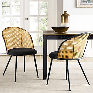 Dining Chairs Set of 4, Mid Century Modern Dining Room Chairs with Full Rattan Back, Boucle Fabric Upholstered Kitchen Dining Chairs Farmhouse Armless Mesh Cane Back Side Chairs with Metal Legs, Black