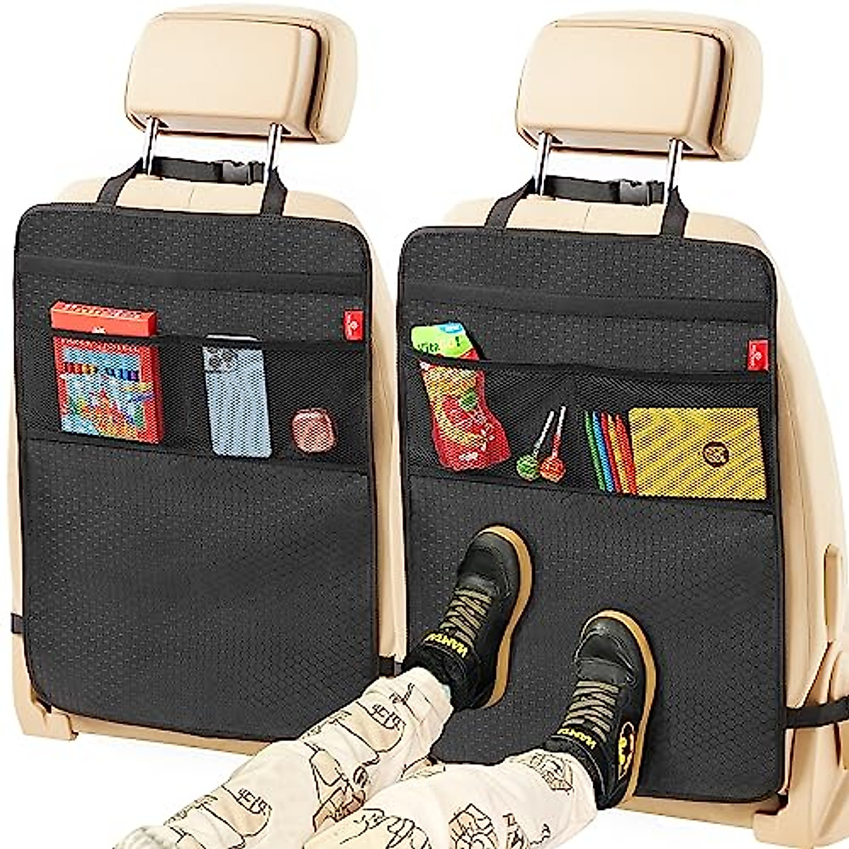 Helteko Back Seat Protector for Car, 2 Pack Premium Kick Mats for Kids, Extra Large Car Seat Cover for Backseat with Mesh Pockets, Waterproof Material, Dirt & Mud Protection, Car Travel Accessories