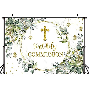 Wollmix 1st First Communion Baptism Decorations Backdrop 7x5ft God Bless Holy Communion Banner Christening Gold Dots Green Leaves Photography Background Baby Shower Banner Photo Booth Props