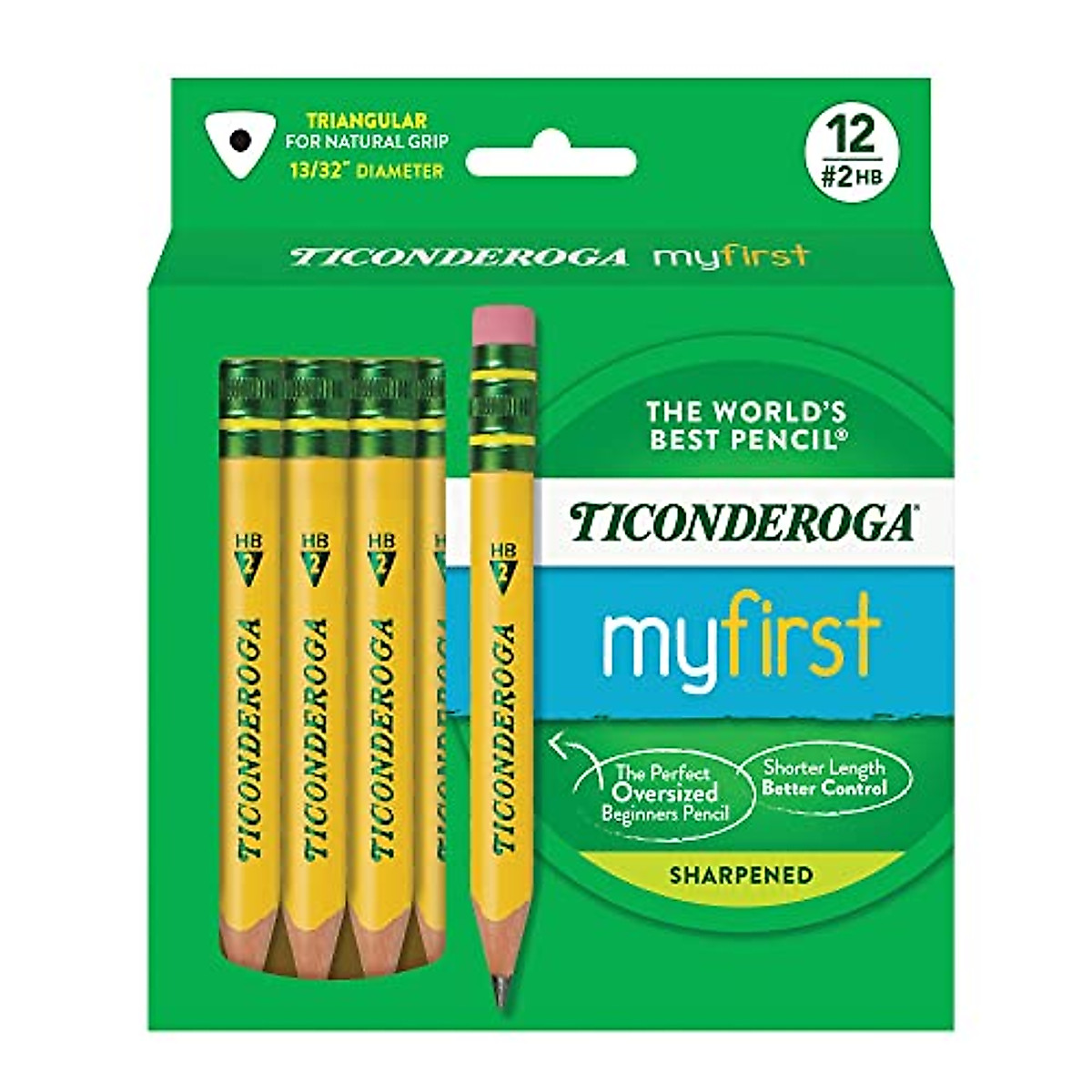 Ticonderoga My First Short Triangular Wood-Cased Pencils, 2 HB Soft, With Erasers, Yellow, 12 Count