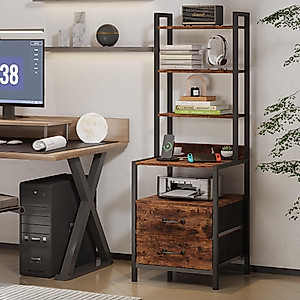 TRIFEBLE Tall Nightstand with Charging Station and Fabric Drawers, 49.6" Tall Bedside Table with 5-Tier Storage Shelves, Night Stand with Bookshelf, End Side Table for Bedroom, Rustic Brown