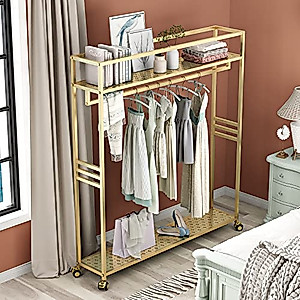 TIEOU Fashion Modern Gold Clothing Rack, Clothes Rack Heavy Duty, Clothing Racks for Hanging Clothes, Clothing Rack with Shelves, Wardrobe Closet Clothes Hanger Rack, Industrial Clothing Rack, Gold