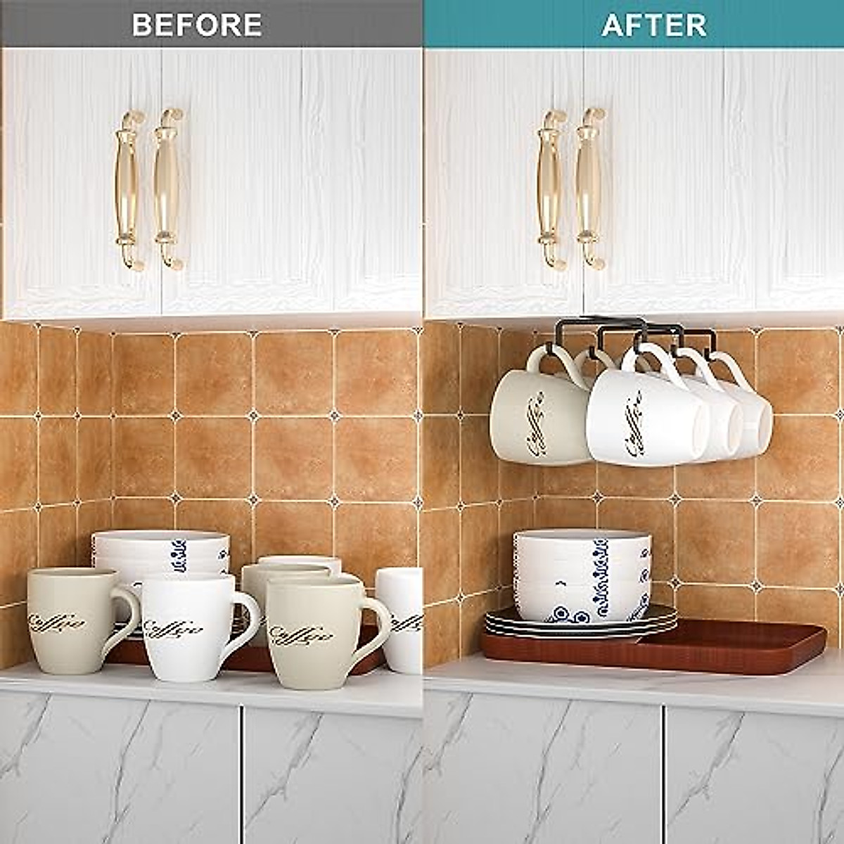 ECROCY Mug Holder Under Cabinet, 2pcs Mug Organizer for Kitchen Cabinet with Extra Large Hook Distance, Fit for 1 Inch Thickness Flat Buttom Cabinet Without Any Lip