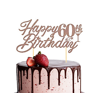 Rose Gold Glitter Happy 60th Birthday Cake Topper, 60th Birthday Cake Topper for Celebrating Sixty Years Old Anniversary/Birthday Party Decorations (6 inch)