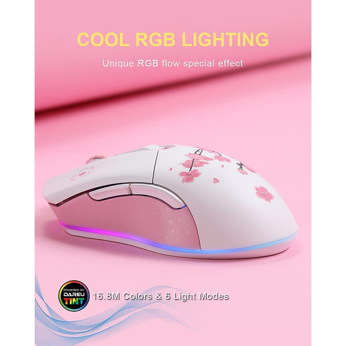 DAREU Sakura Pink Wireless Wired Gaming Mouse, Dual-Mode Rechargeable 7 Programmable Buttons,10K DPI,RGB and 7 Adjustable DPI Levels up to [150IPS] [1000Hz Polling Rate] for PC Notebook Mac
